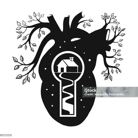 집은 성장하는 나무의 형태로 만든 선박과 해부학 심장 내부의 열쇠 구멍에 묘사 집이 어디에 있든 항상 우리와 함께한다는 개념입니다 벡터 그림입니다 개념에 대한 스톡 벡터