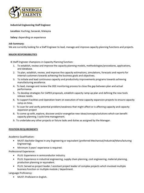 Industrial Engineering Staff Engineer Pdf