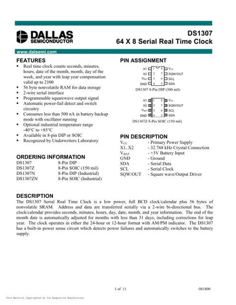 DS1307 64 X 8 Serial Real Time Clock