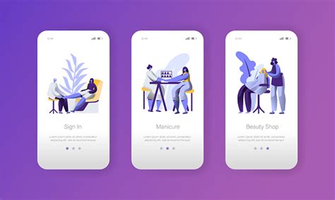 뷰티 미용 살롱 응용 프로그램 집합입니다 헤어 매니큐어 페디큐어 센터 문자 절차 Ui 레이아웃을 확인 합니다 스파 패션 손 발 코디 여자 개념 화면 App 평면 만화 벡터