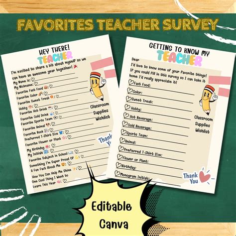 Teacher Favorites Survey Back To School Questionnaire Editable Canva