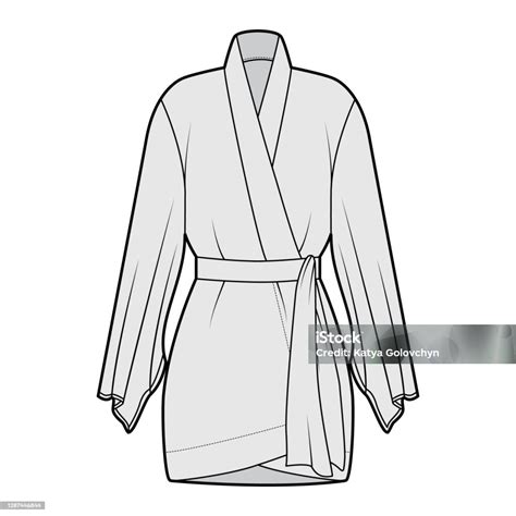 긴 와이드 슬리브가 있는 기모노 가운 테크니컬 패션 일러스트 허리를 움켜들이는 벨트 무릎 위 길이 검은색에 대한 스톡 벡터 아트 및 기타 이미지 Istock