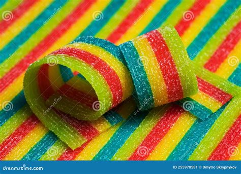 Colorful Jelly Candies Strips In Sugar Sprinkles Sour Flavored Rainbow