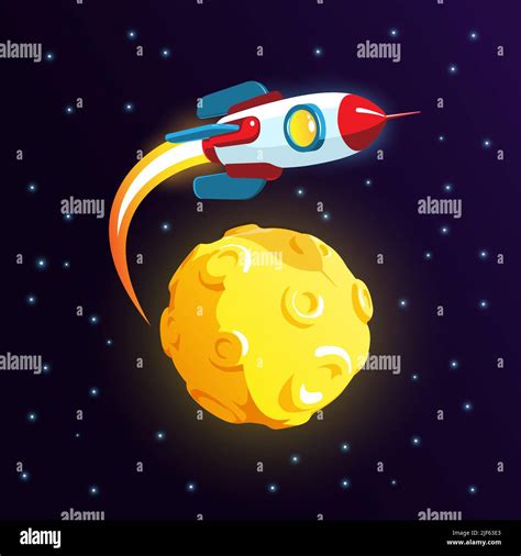 Rocket Flies Around The Moon Cartoon Style Stock Vector Image And Art Alamy