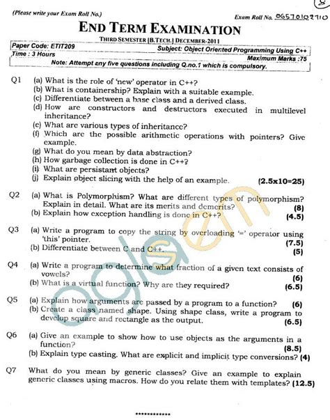 Ggsipu Question Papers Third Semester End Term 2011 Etit 209 Aglasem Institutes