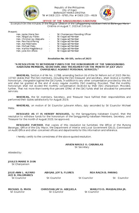 Sk Resolution 08 185 Sk Resolution Republic Of The Philippines City Of Iligan Barangay Maria