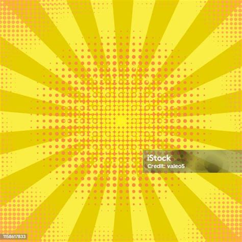 태양 광선 노란색 복고풍 빈티지 하프 톤 스타일 배경입니다 팝 아트 디자인 텍스처 스타 폭발 템플릿입니다 고풍스런에 대한 스톡 벡터 아트 및 기타 이미지 Istock