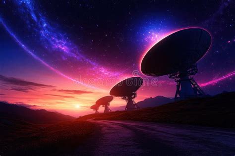 Radio Telescopes At Night Exploring Space With Futuristic Technology And Starry Skies Stock
