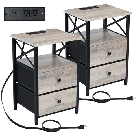 Amhancible End Table With Charging Station Nightstand Set Of 2 With
