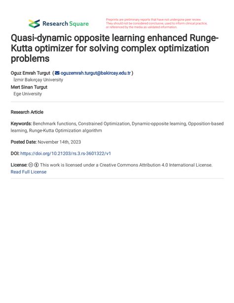 pdf quasi dynamic opposite learning enhanced runge kutta optimizer for solving complex