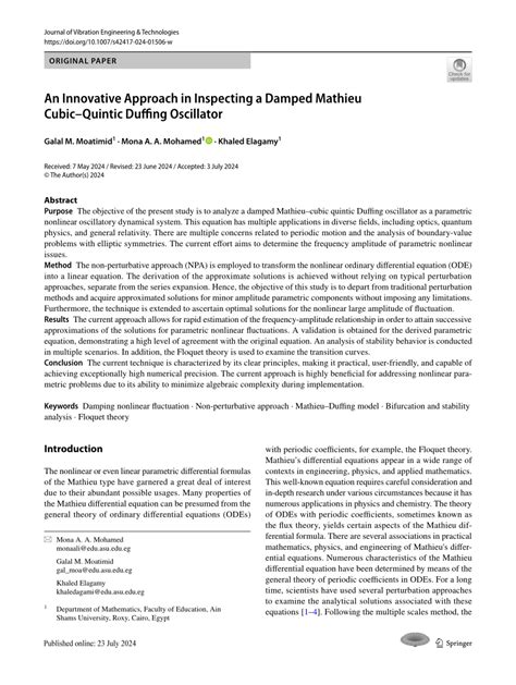 Pdf An Innovative Approach In Inspecting A Damped Mathieu Cubicquintic Duffing Oscillator