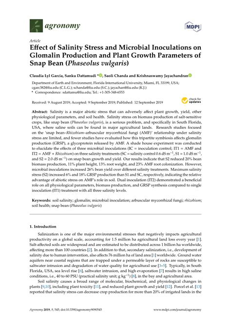 Pdf Effect Of Salinity Stress And Microbial Inoculations On Glomalin Production And Plant