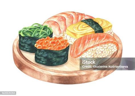 초밥 세트 수채화 그림입니다 연어 계란 새우 캐비어를 곁들인 군칸 추카 해초를 곁들인 수시 일본 니기리 한 접시 흰색 배경에 분리된 클립 아트입니다 나무 접시에 음식