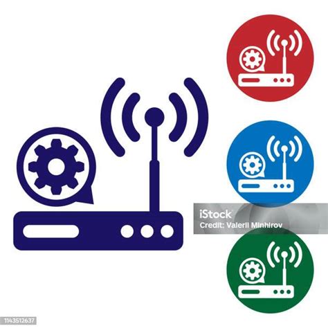 파란색 라우터와 와이파이 신호와 흰색 바탕에 기어 아이콘 조정 응용 프로그램 서비스 개념 설정 옵션 유지 보수 수리 고정 원