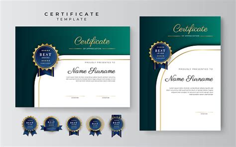 현대 우아한 짙은 녹색과 금 배지와 테두리가있는 업적 템플릿의 골드 인증서 졸업장 상 비즈니스 대학 학교 배경 및 기업을 위해 설계되었습니다 감탄에 대한 스톡 벡터 아트 및