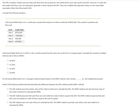 Solved The IRR Evaluation Method Assumes That Cash Flows Chegg Com