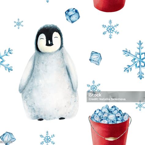눈송이 아래 킹펭귄과 얼음 조각으로 가득 찬 빨간 양동이의 수채화 겨울 매끄러운 패턴 그림 현실적인 북극과 남극 해양 포유류를 손으로 그립니다 디자이너 장식 엽서 포장지