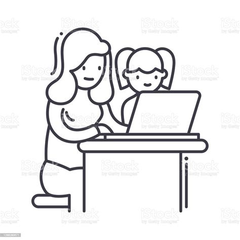 여성은 랩톱 아이콘 선형 격리 일러스트레이션 얇은 선 벡터 웹 디자인 사인 흰색 배경에 편집 가능한 스트로크가 있는 개요 개념 기호에서 아이와 함께 작업합니다 소녀에 대한