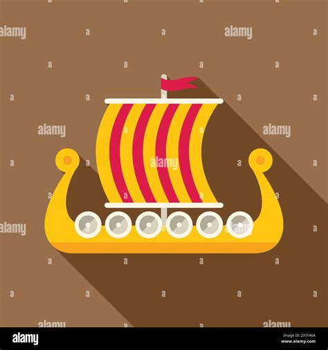Cartoon Viking Longship With A Red And Yellow Striped Sail Is Sailing