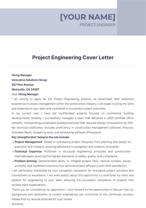 Free Project Engineering Cover Letter Template To Edit Online