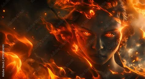 A Dark Fantasy Woman Made Of Fire Flames On Her Skin And Hair Glowing