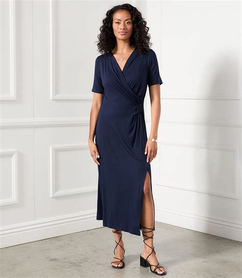 Navy Faux Wrap Midi Dress Karen Kane