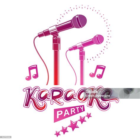 가라오케 파티 홍보 포스터 디자인 음악 노트와 5 개의 오각형 별을 사용 하 여 구성 됩니다 랩 전투 개념 두 무대 마이크 벡터