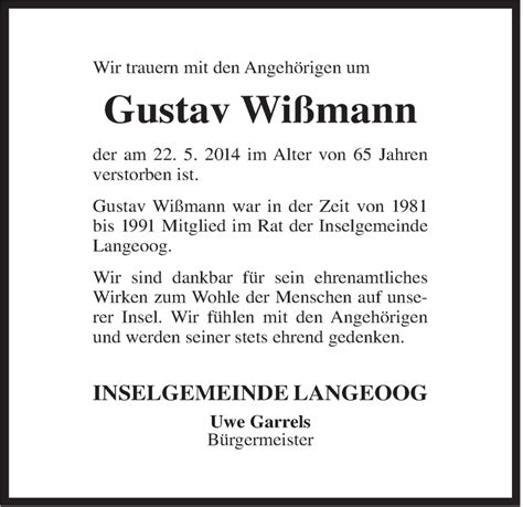 Traueranzeigen Von Gustav Wißmann Nordwest Trauer De