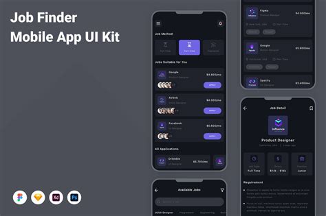 现代设计趋势设计的找工作 App UI Kit FIG PSD SKETCH XD 云瑞设计