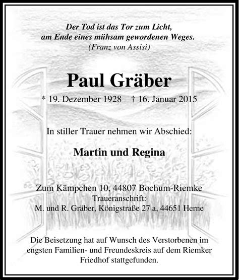 Traueranzeigen Von Paul Gräber Trauer In Nrwde