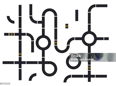 생성자 도로 설정 연결 가능한 도로 요소 맨 위 보기 위치입니다 흰색 격리 된 배경에 고속도로의 스톡 벡터 일러스트 요소입니다 인포그래픽에 대한 스톡 벡터 아트 및 기타