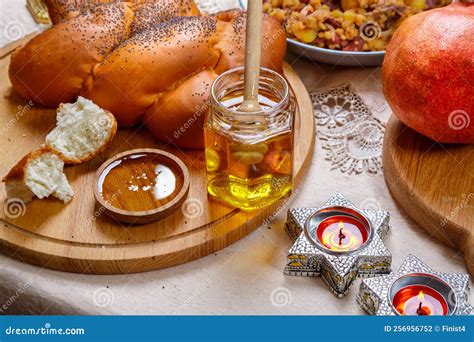 Festive Table Rosh Hashanah Challah Honey Apples Traditional Food And
