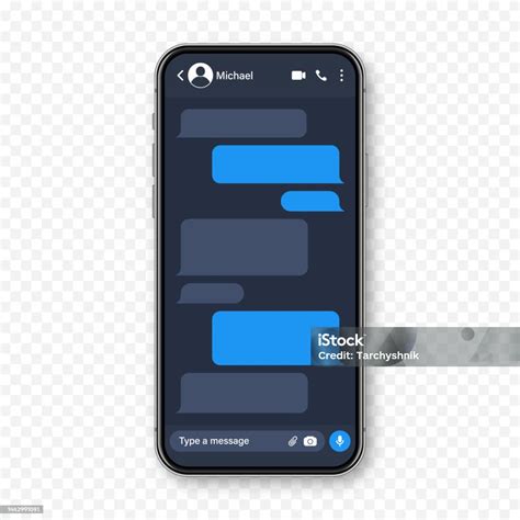 메시징 응용 프로그램과 현실적인 스마트 폰 빈 Sms 텍스트 프레임입니다 파란색 메시지 거품이있는 대화 채팅 화면 소셜 미디어