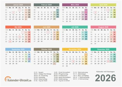Jahreskalender 2026 Zum Ausdrucken Mit Feiertagen