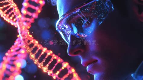Person Wearing Futuristic Glasses With Glowing Dna Strands In A Lab