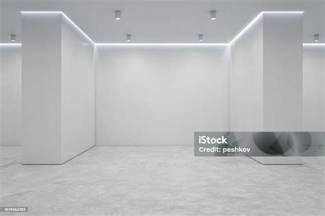 벽에 모형이 있는 현대적인 가벼운 콘크리트 갤러리 인테리어 예술과 전시 개념 3d 렌더링 0명에 대한 스톡 사진 및 기타 이미지 Istock