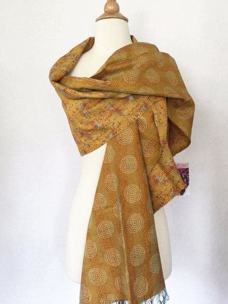 Kantha Silk Reversible Scarf Stole Goldredturquoise Woven Art
