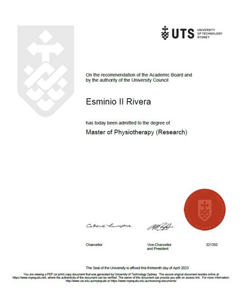 Physiotherapy Testamur Degree Researcher Testamur Mastersdegree