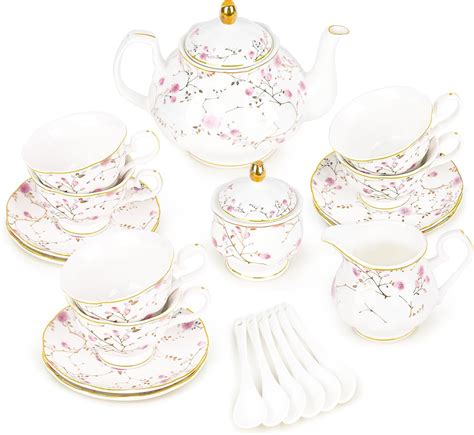 Fanquare 21 Piece Gold Vine Floral Porcelain Tea Sets With