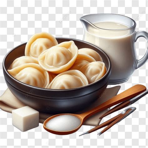 나무 테이블 위에 놓인 유리 우유와 함께 만두 한 그릇 만두 한 그릇과 우유 한 잔이 나무 테이블 위에 놓여 있다 아늑한 식사 환경 조성 나무 테이블 Png 일러스트