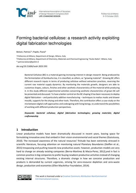Pdf Forming Bacterial Cellulose A Research Activity Exploiting Digital Fabrication Technologies