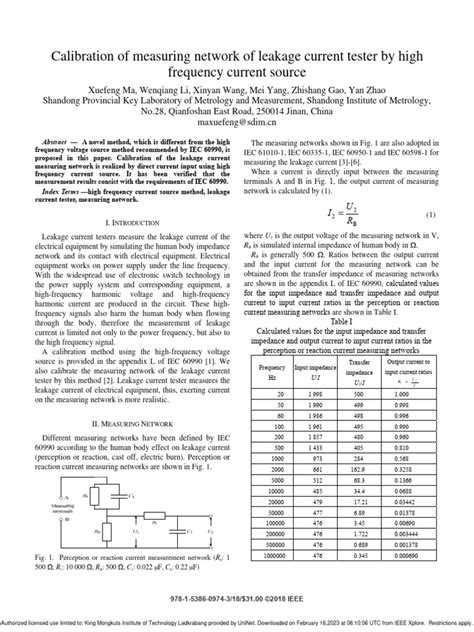 Calibration Of Measuring Network Of Leakage Current Tester By High Frequency Current Source