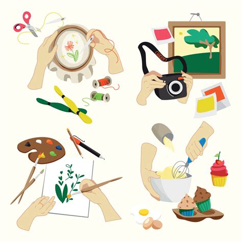 Set Of Hobby Made Stuff Cute Colorful Hobby Vector Illustrations