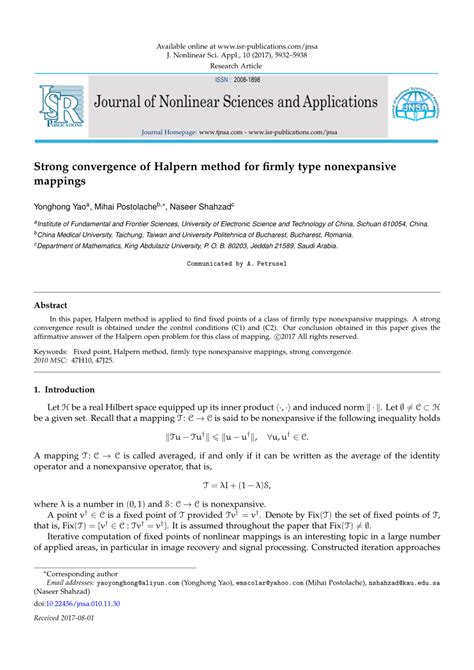 PDF Strong Convergence Of Halpern Method For Firmly Type Nonexpansive Mappings