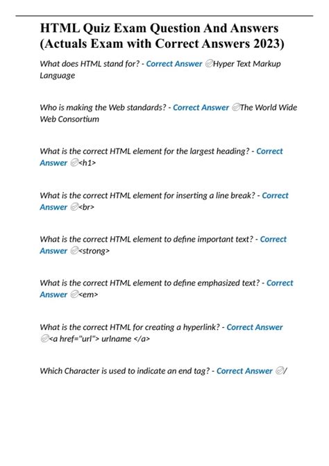 Html Quiz Exam Question And Answers Actuals Exam With Correct Answers