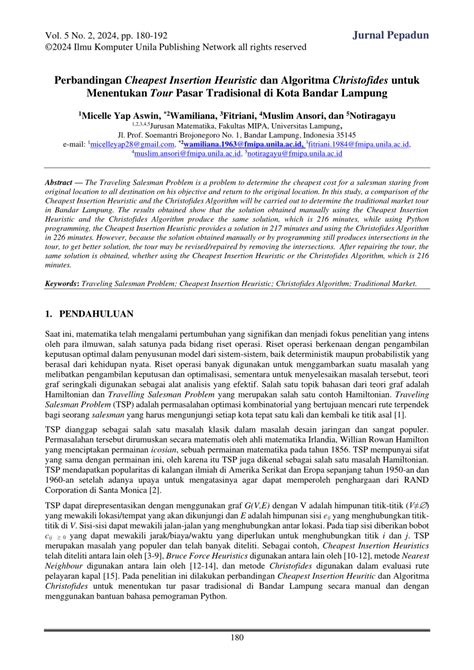 Pdf Perbandingan Cheapest Insertion Heuristic Dan Algoritma Christofides Untuk Menentukan Tour