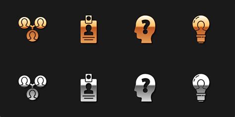 프로젝트 팀 베이스 식별 배지 물음표 및 램프 전구 아이콘이 있는 헤드를 설정합니다 벡터 가는 끈에 대한 스톡 벡터 아트 및 기타 이미지 Istock