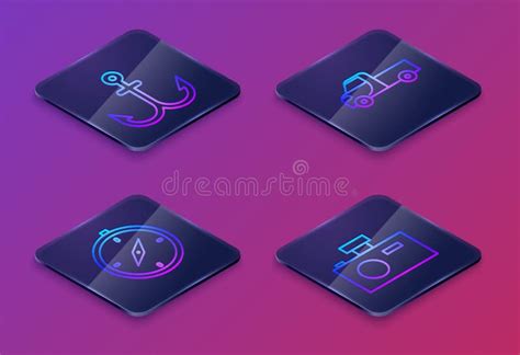 Set Isometric Line Anchor Compass Pickup Truck And Photo Camera Blue