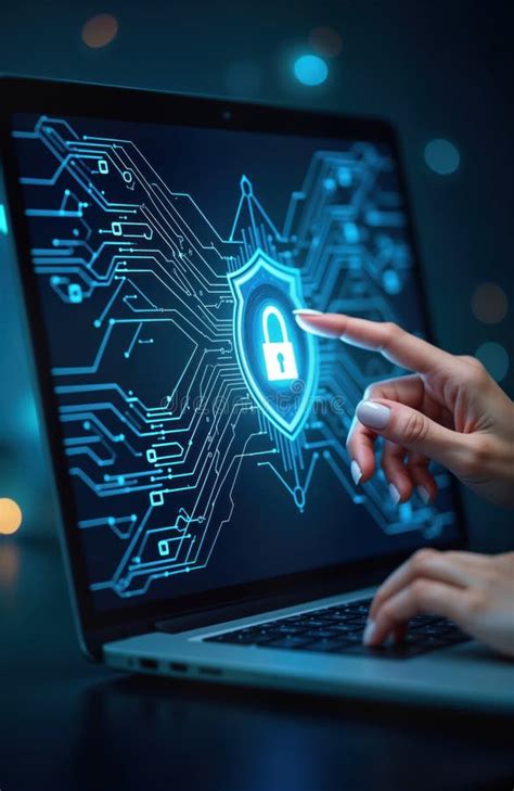 Woman Types On Laptop Screen Focused On Cyber Security Protection Securing Online Data Access