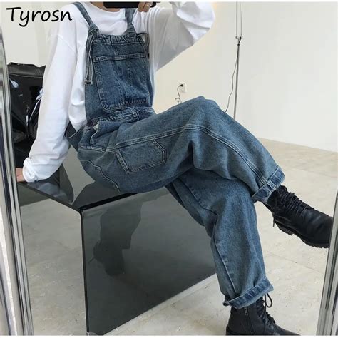 점프 슈트 데님 여성 가을 빈티지 워시 올 매치 Streetwear 사파리 스타일 Bf 하라주쿠 유니섹스 레저 학생 레트로 힙합